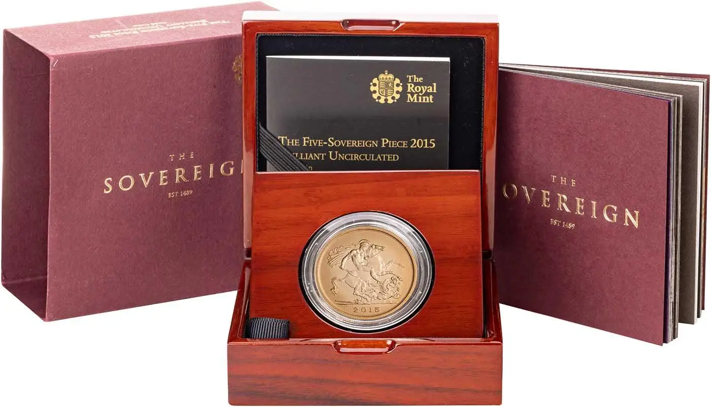 2015 Gold BU Quintuple Sovereign £5 St George | Chards
