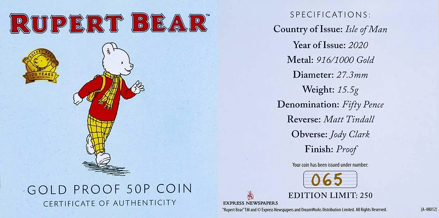 Rupert Bear Gold Proof Manx 50p Coin | Chards - £1,512.99