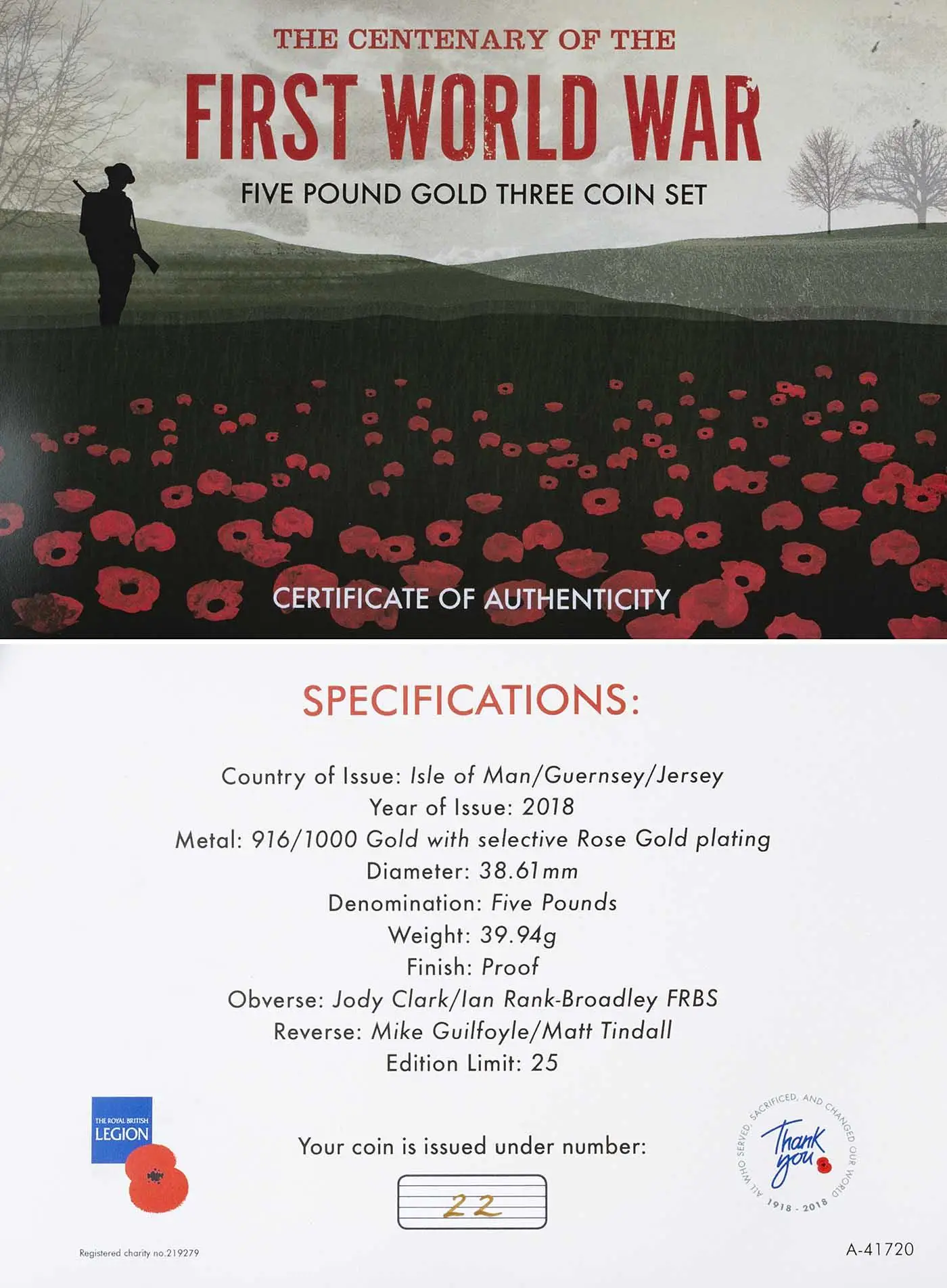 2018 WWI Centenary Gold Proof £5 Set | Chards