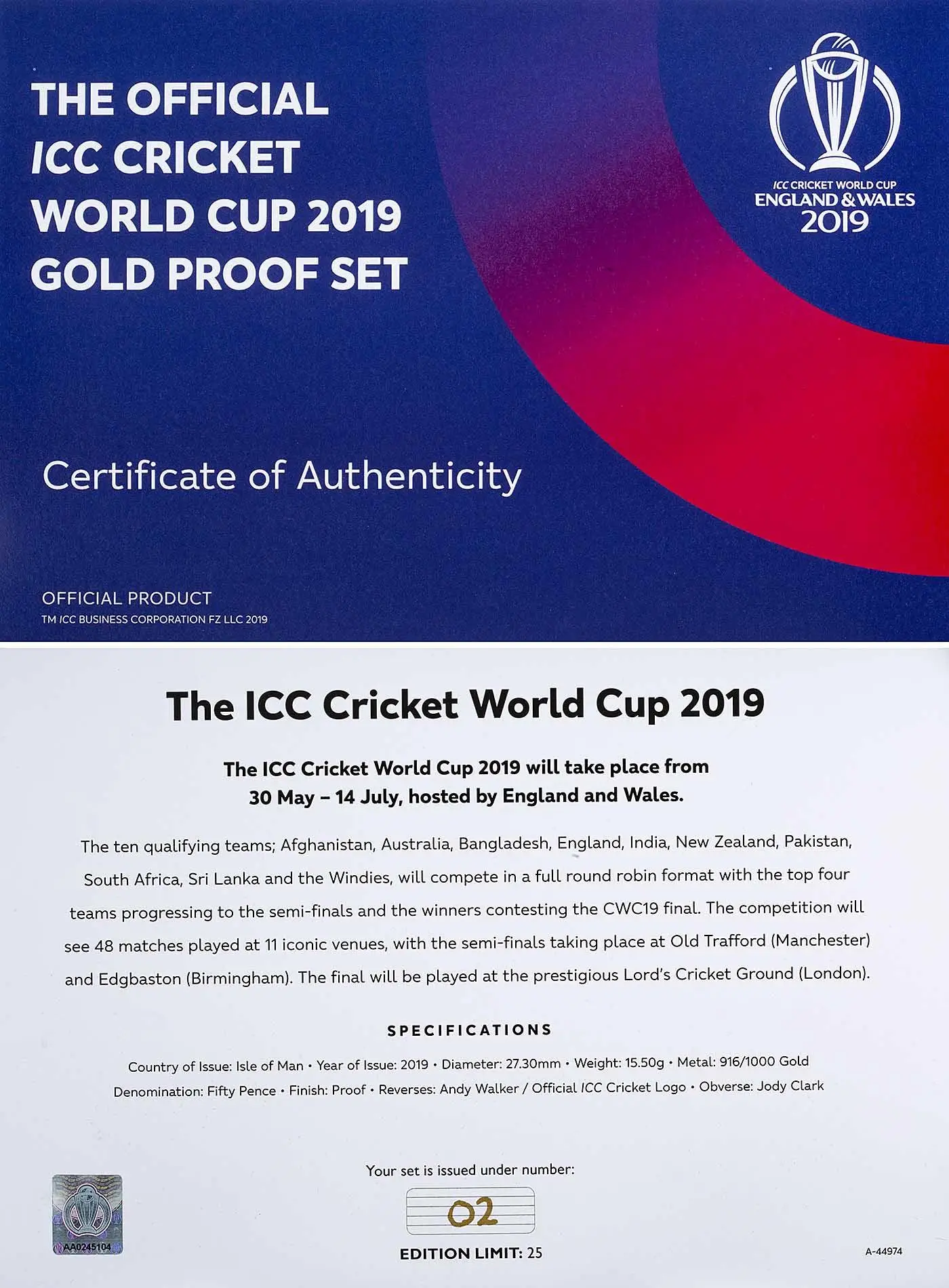 2019 Gold Proof ICC Cricket World Cup 50p Coin Set | Chards