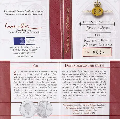 Fiji Platinum Proof Defender of The Faith Coin | Chards
