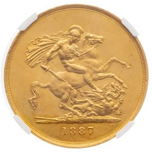 1887 Gold £5 Quintuple Sovereign Victoria Jubilee - NGC AU