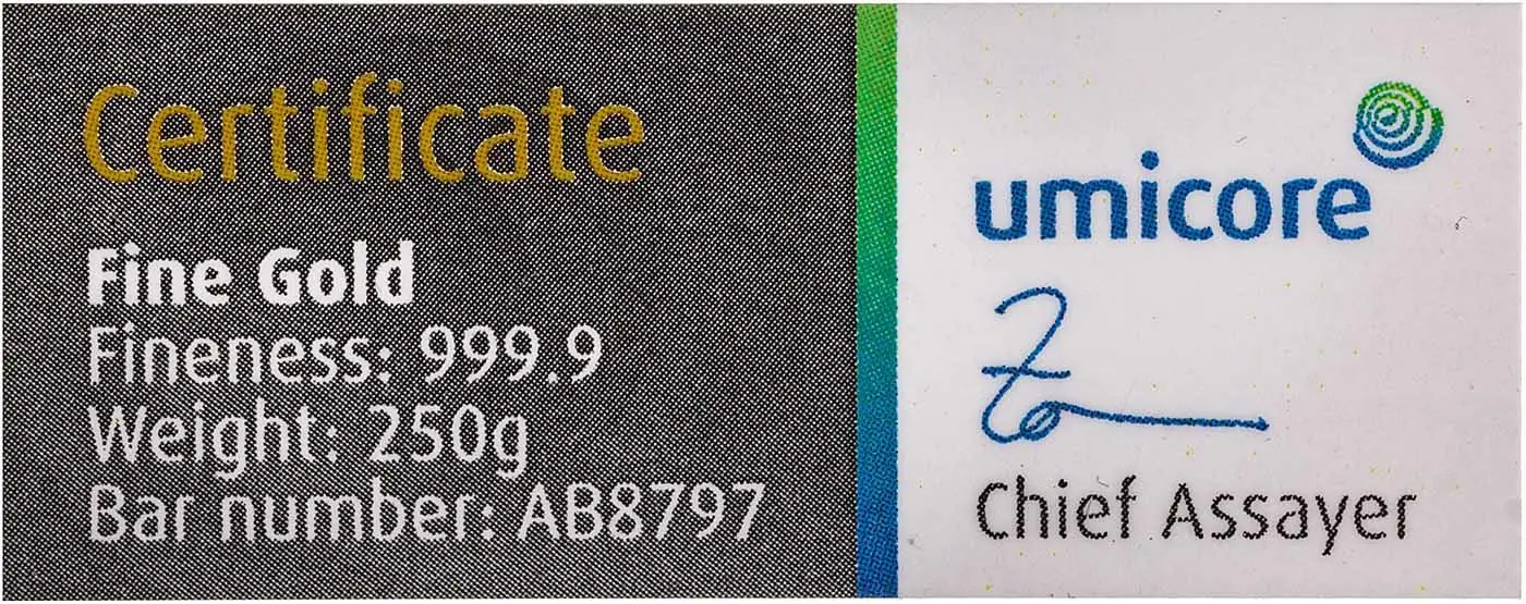 Umicore 250g Cast Gold Bullion Bar | Chards - £18,588.64