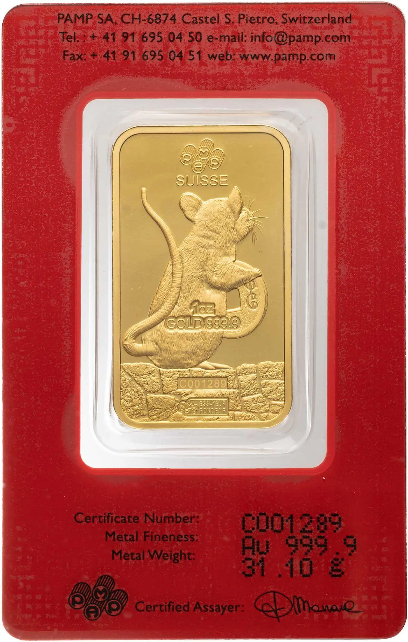 2020 1 oz PAMP Year of the Rat Pre-Owned Gold Bars