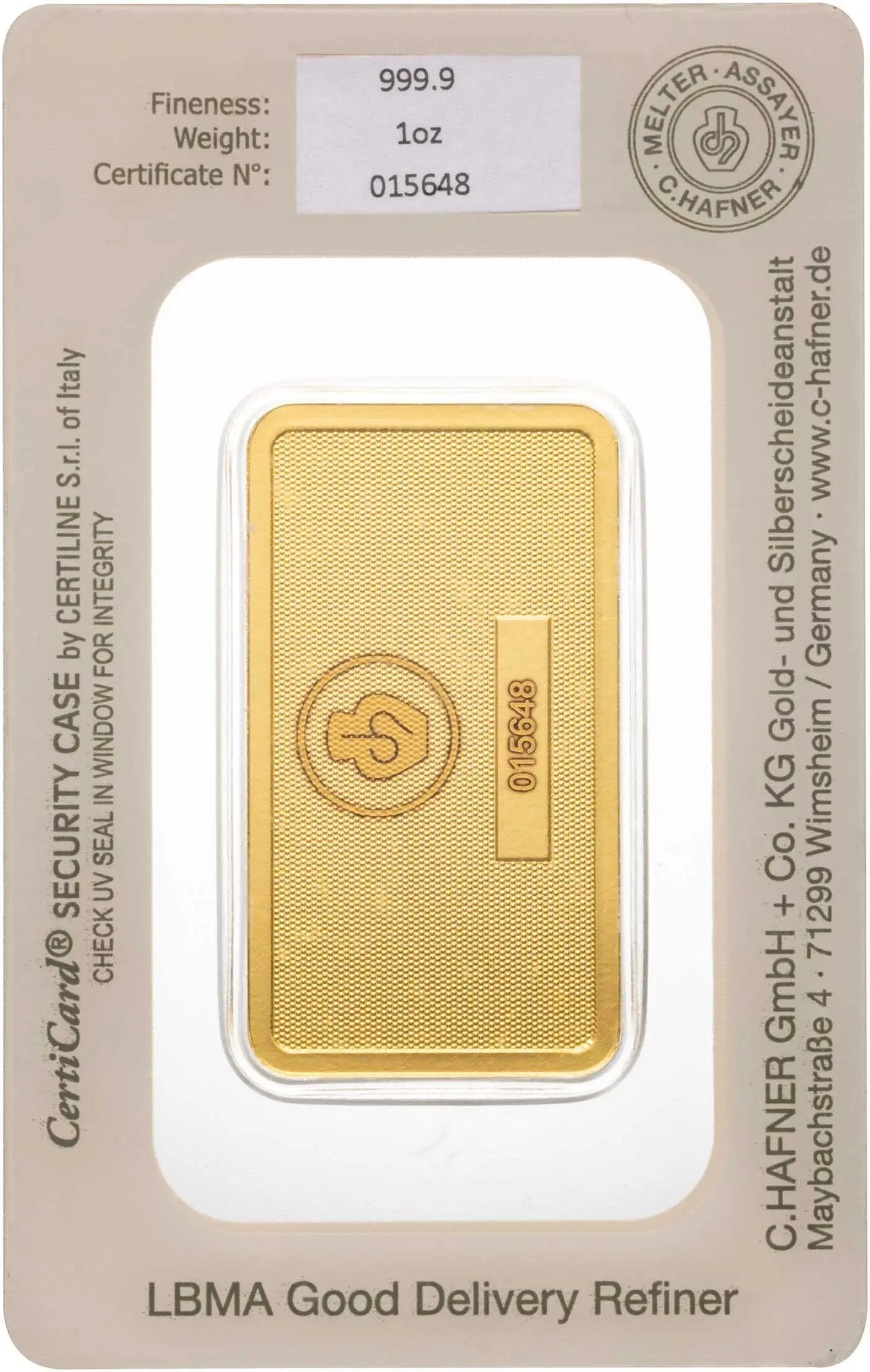1 Ounce Wafer C. Hafner Gold Bar In Sleeve | Chards
