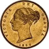 1863 Gold Half Sovereign Victoria Young Head Shield London