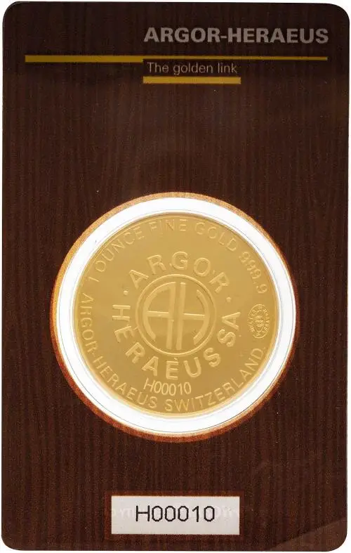 Round 1 oz Gold Bar Argor Heraeus - In Sleeve | Chards