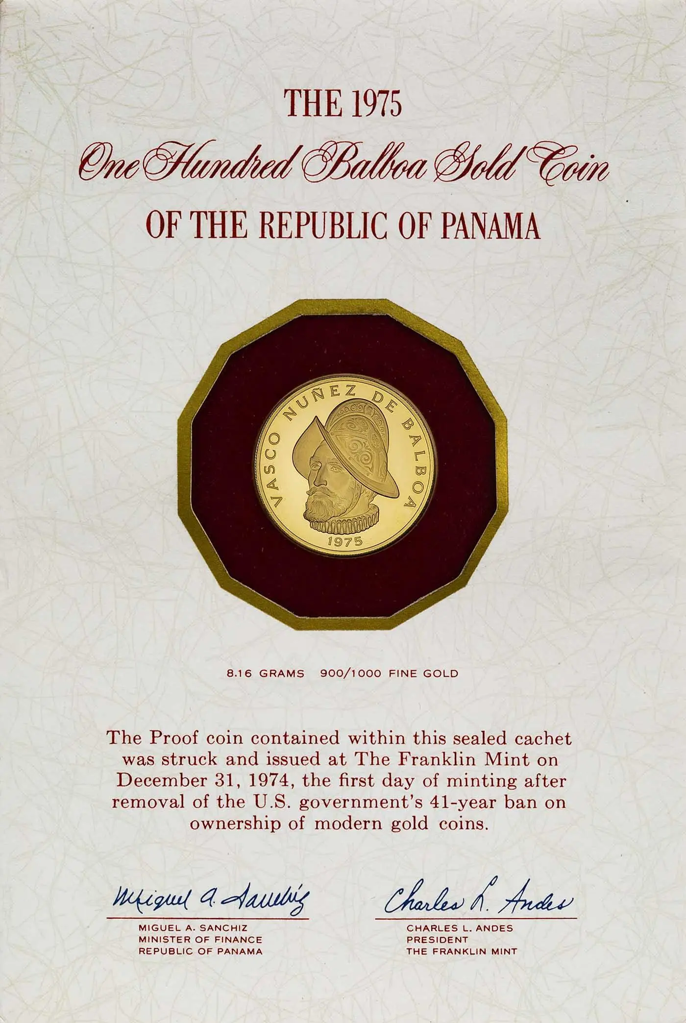 1975 Panama 100 Balboa Gold Proof Coin Chards