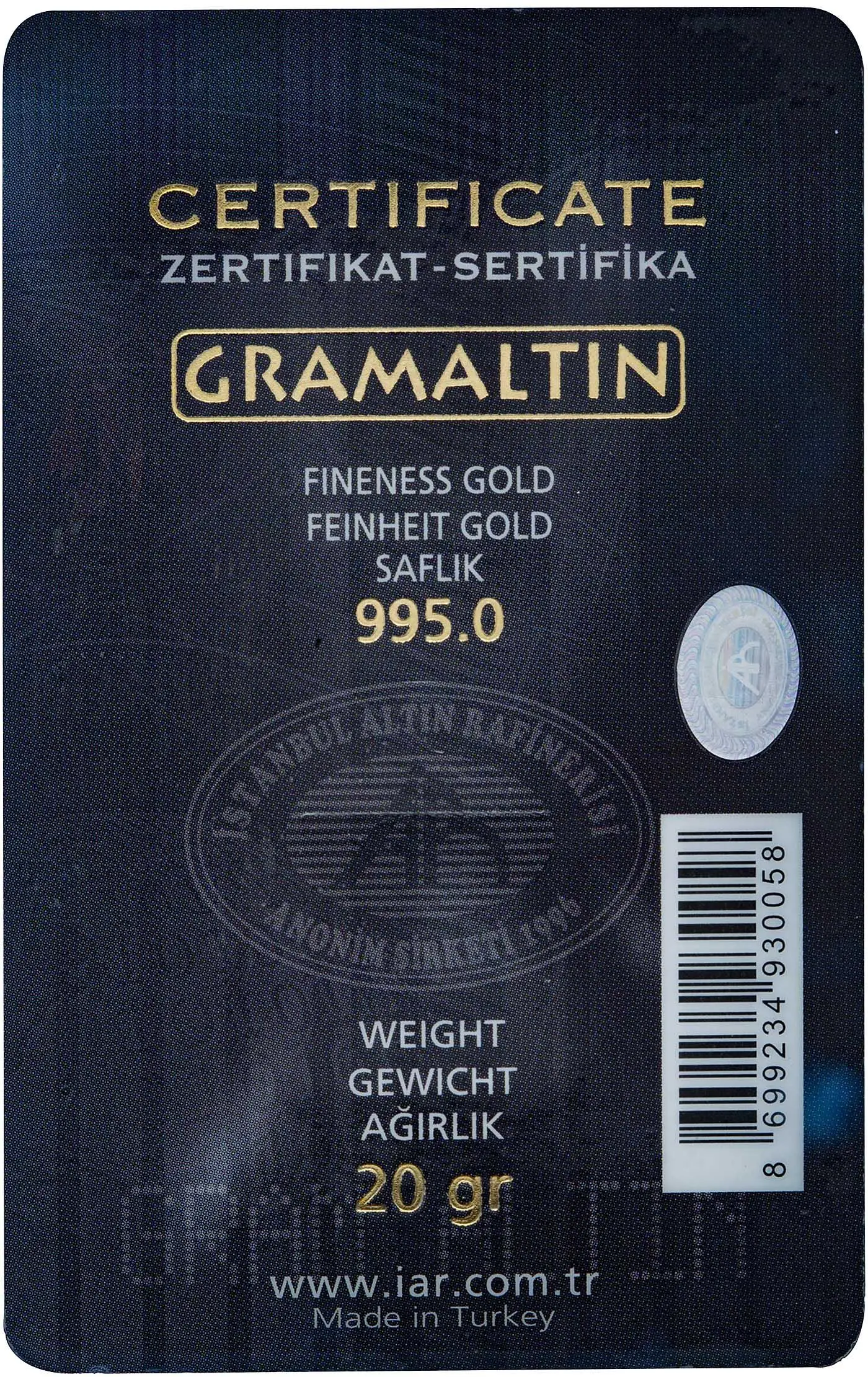 20g Wafer Gold Bar Istanbul Refinery In Sleeve | Chards